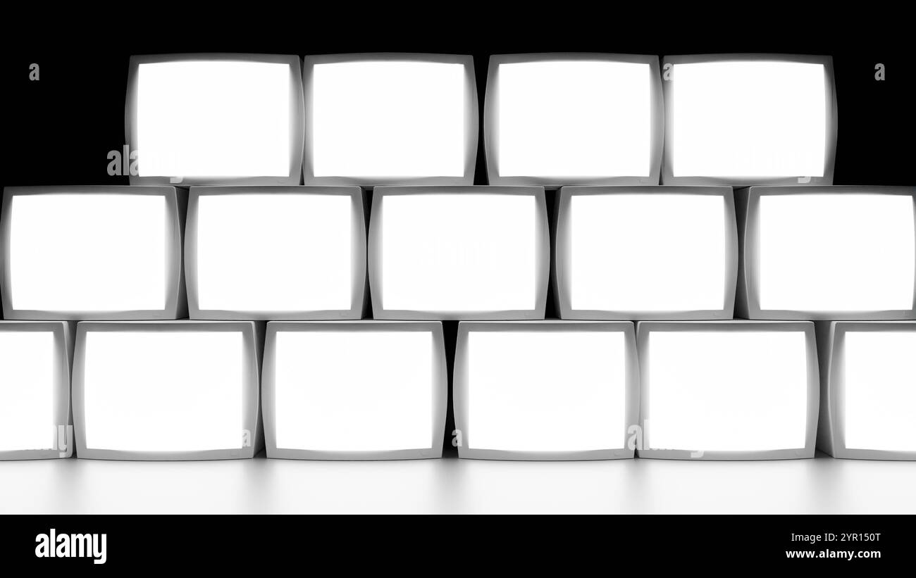 3d rendering of vintage-style television sets, their screens ...