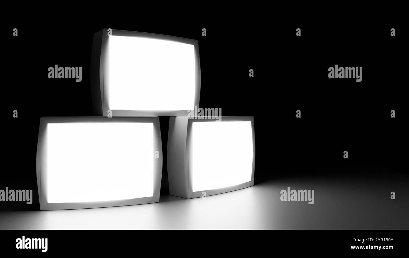3d rendering of vintage-style television sets, their screens ...