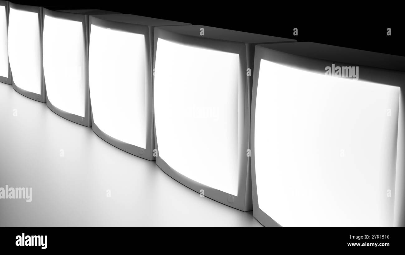 3d rendering of vintage-style television sets, their screens ...