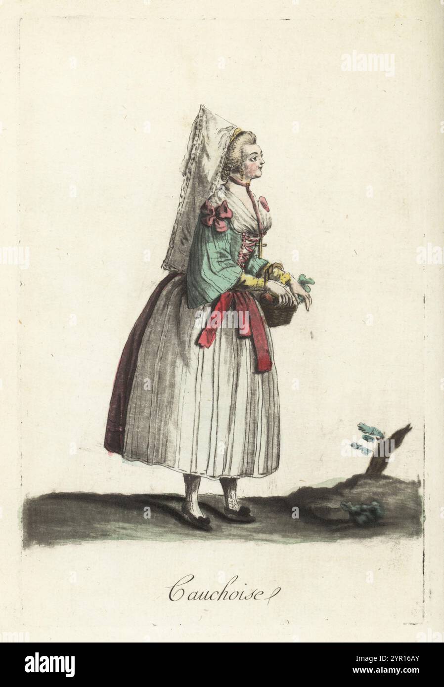 Costume of a woman of Caux, Normandy, 18th century. In tall lace ...