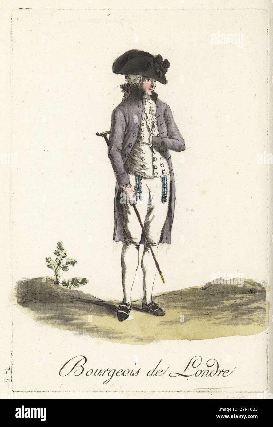 Costume of a bourgeois man of London. In bicorne with cockade, purple ...