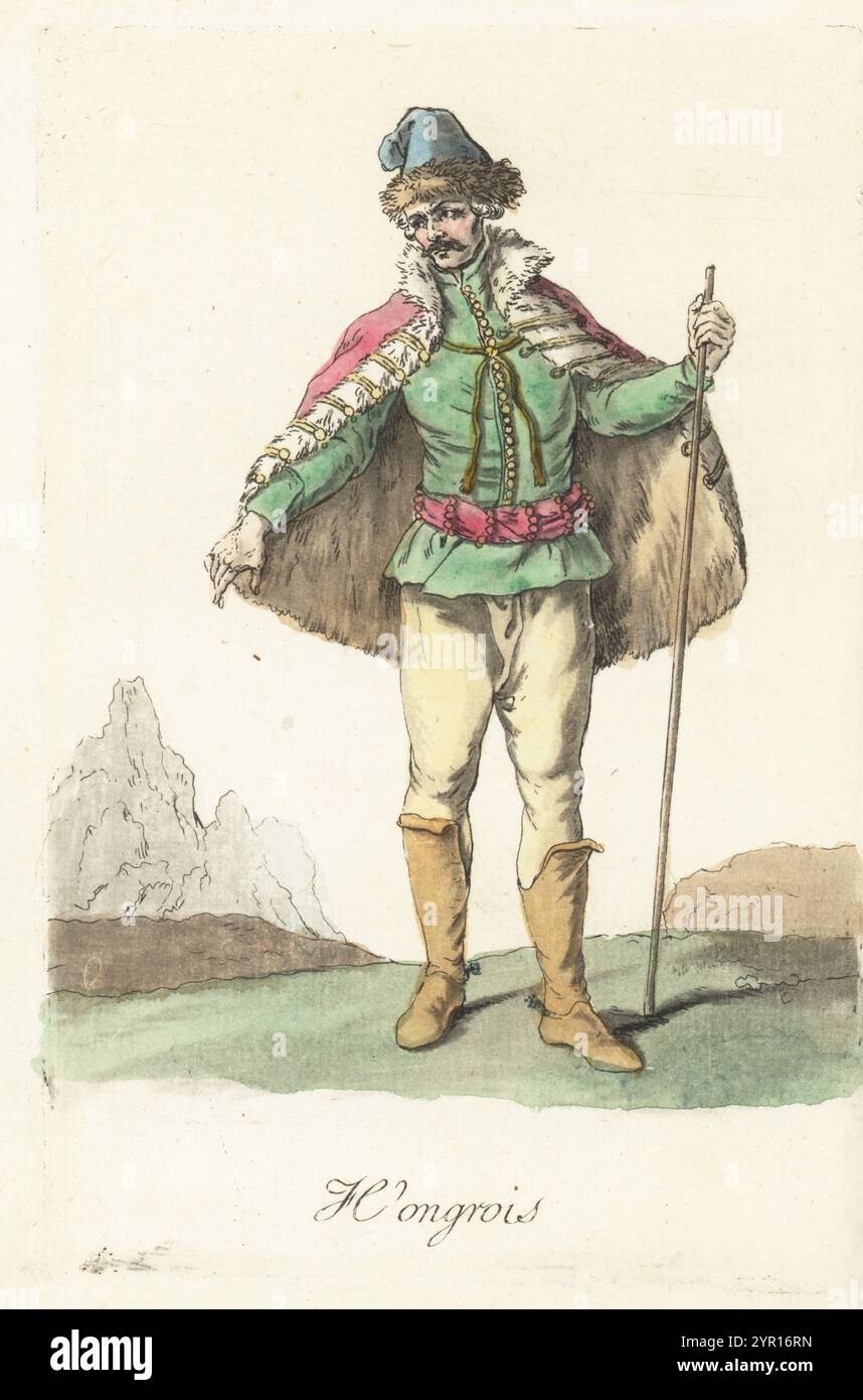 Costume of a Hungarian man, 18th century. In fur hat, fur cape or ...