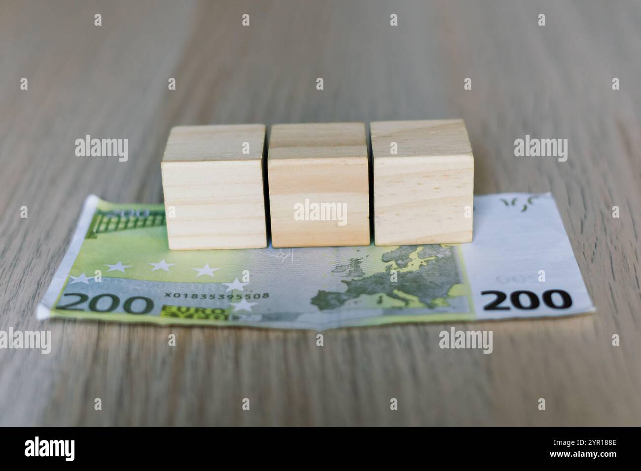 Wooden cubes blocks, money 200 Euro banknotes. Management big salary ...