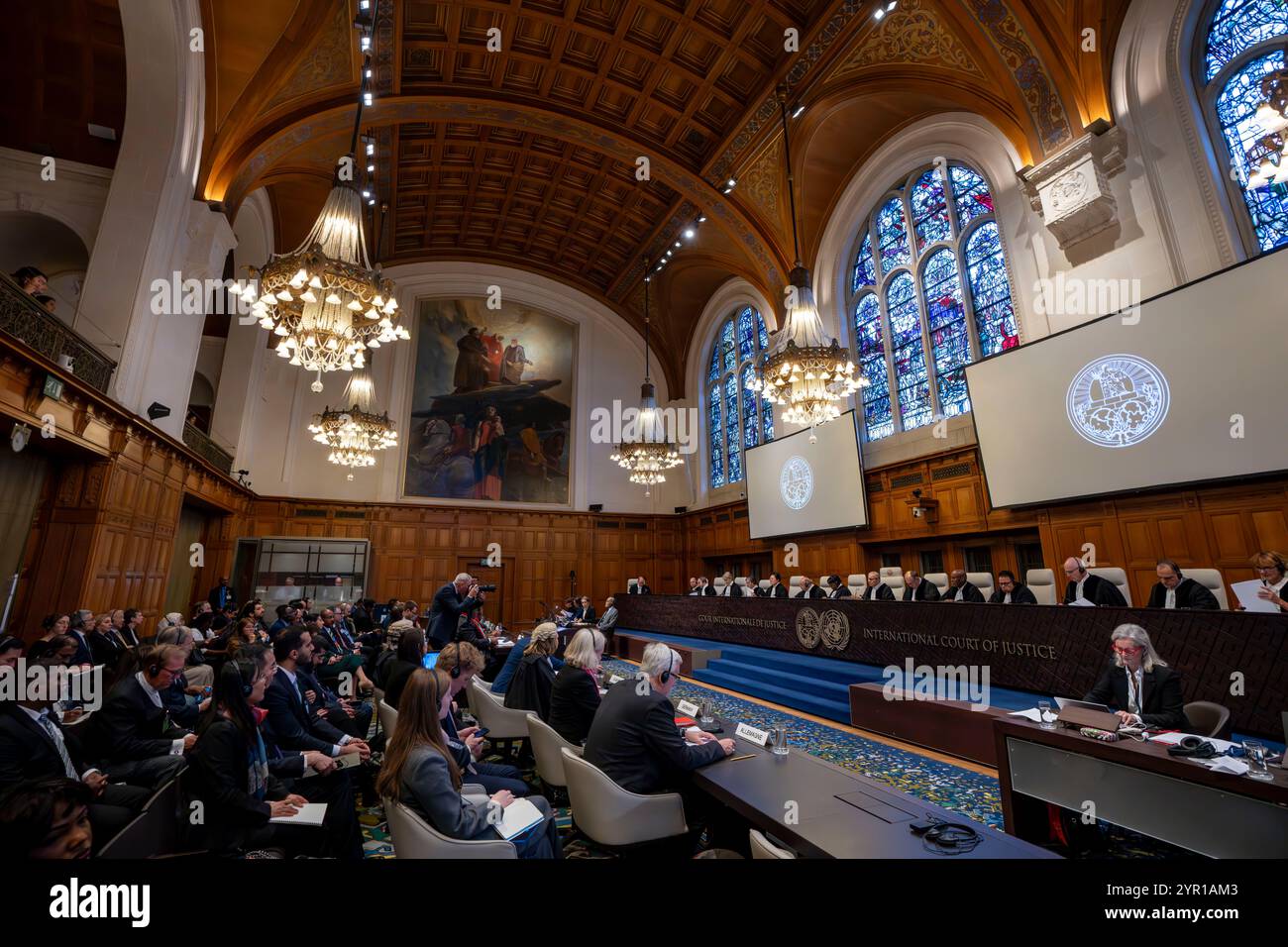 Judges are seated as the International Court of Justice in The Hague ...