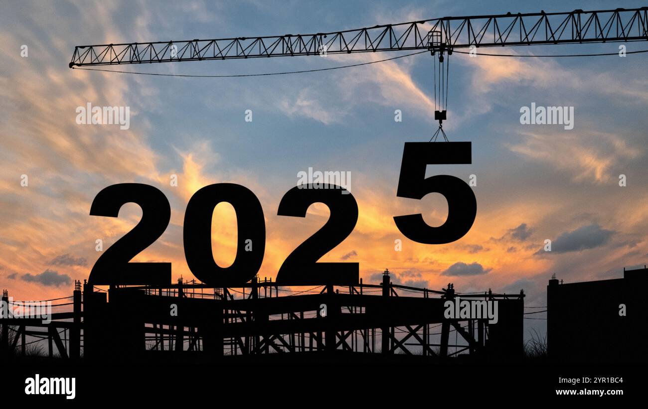 crane lifting number 5 come down to 2025 , prepare for welcome beginning new year 2025 with ...