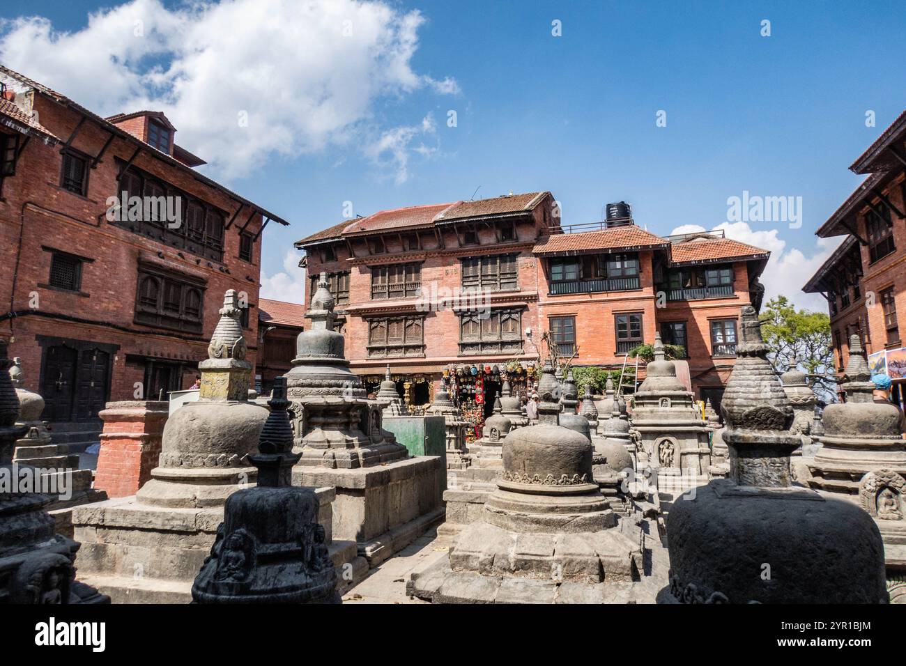 Traditional Newari architecture and souvenir shop at Swayambunath ...