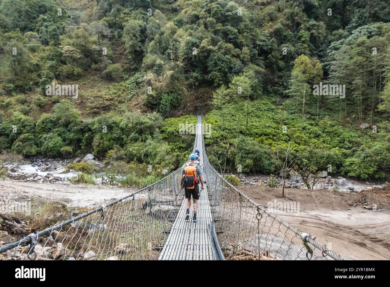 Suspension bridge across the Tamur (Tamor) River on the Kangchenjunga ...