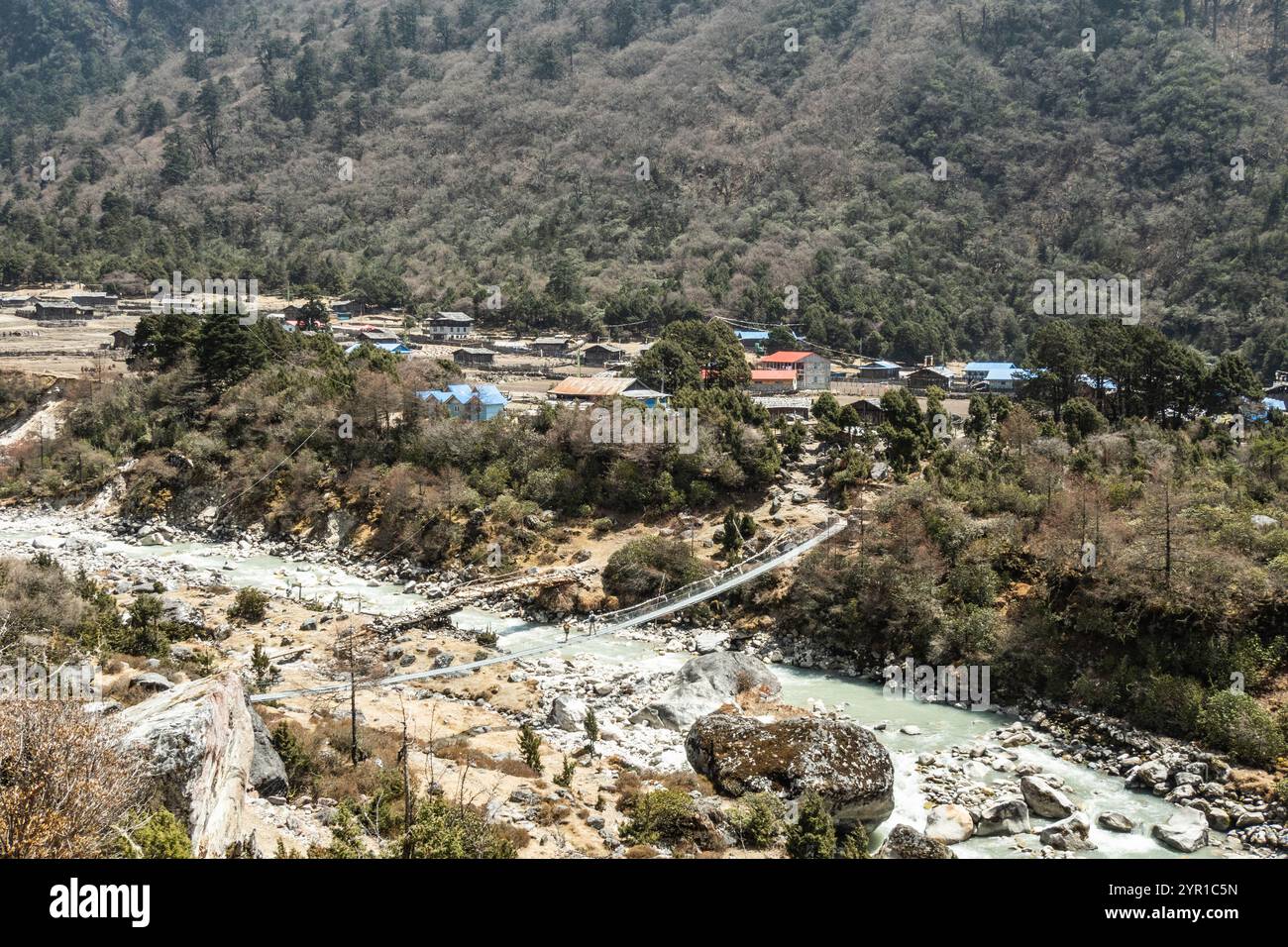 Aerial view of the Tibetan village of Ghunsa on the Kangchenjunga ...