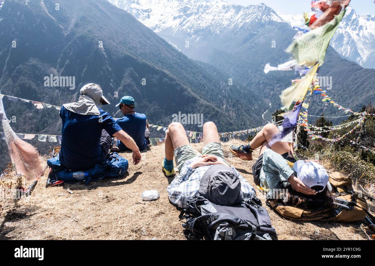 Trekkers resting above Ghunsa on the Kangchenjunga (Kanchenjunga) Base ...