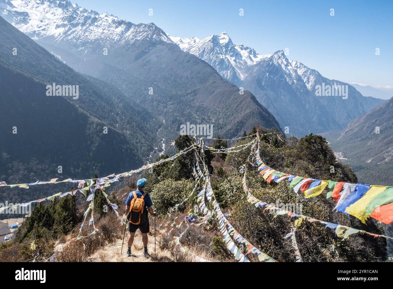 Prayer flags above the Tibetan village of Ghunsa on the Kangchenjunga ...