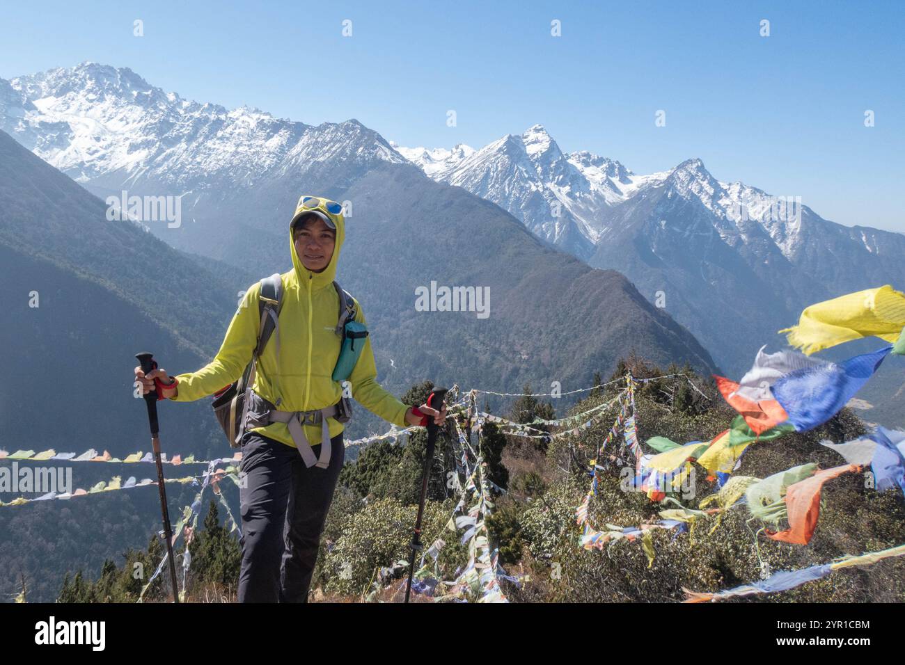 Prayer flags above the Tibetan village of Ghunsa on the Kangchenjunga ...