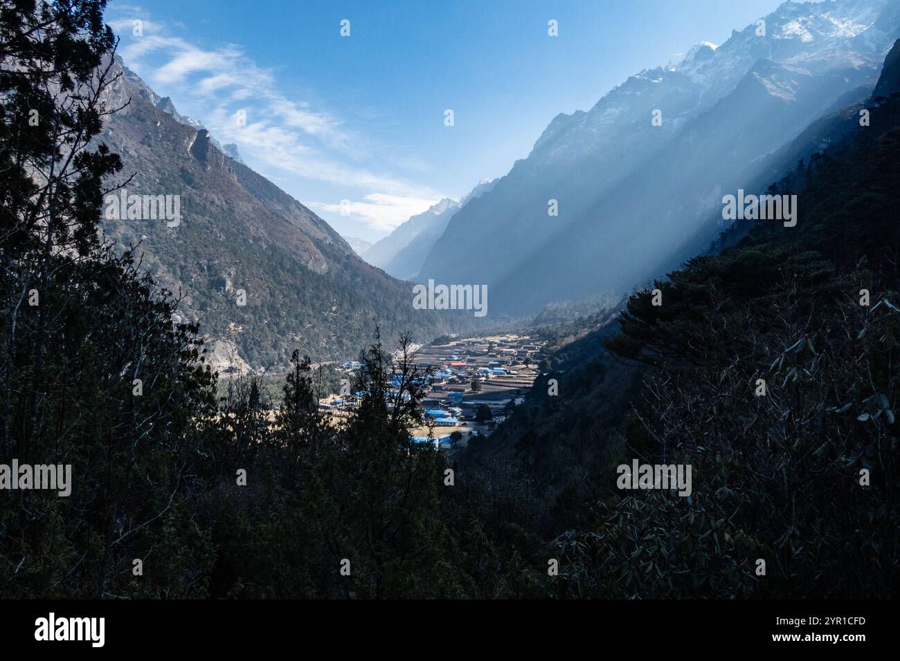 Aerial view of the Tibetan village of Ghunsa on the Kangchenjunga ...