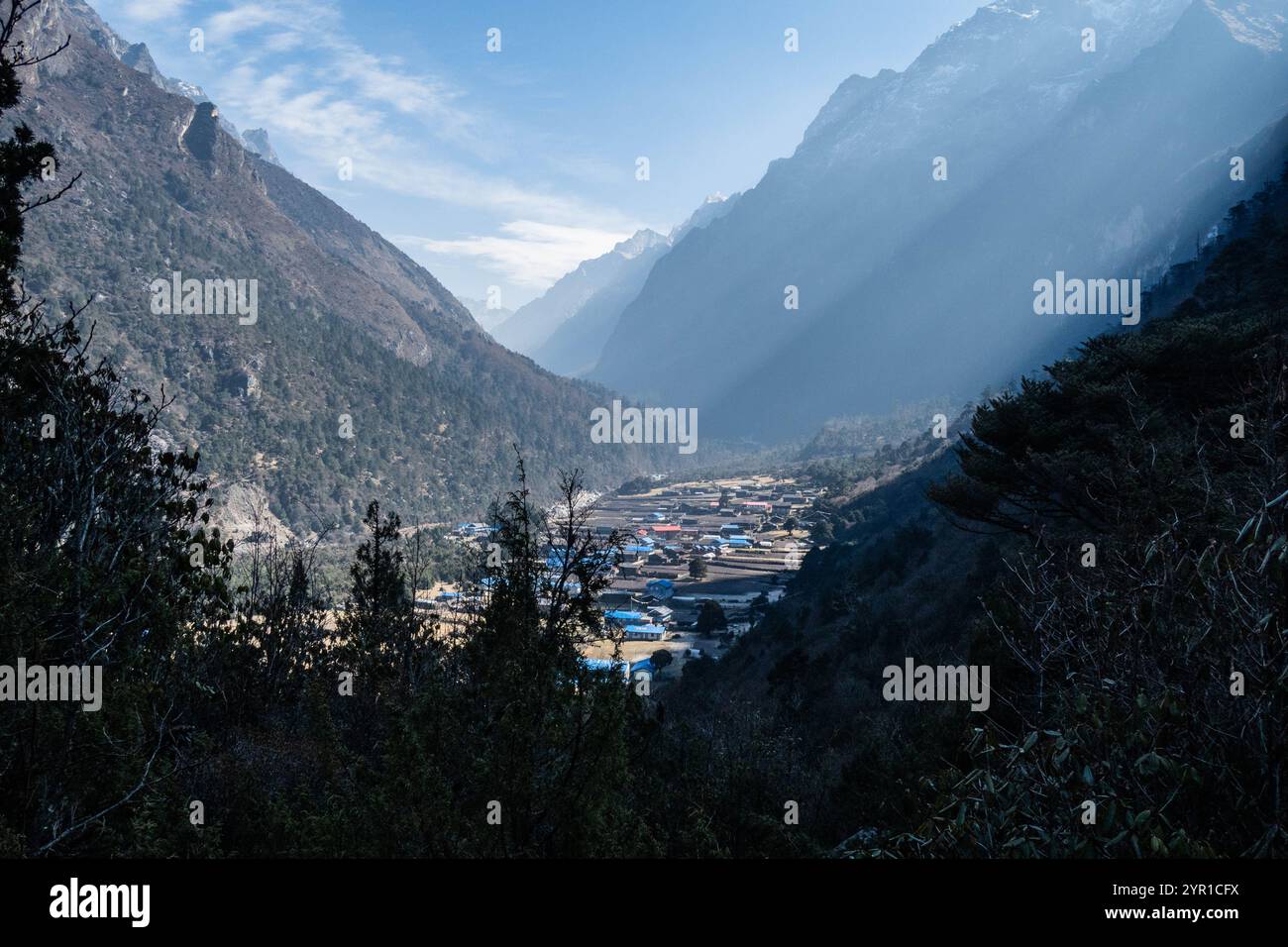 Aerial view of the Tibetan village of Ghunsa on the Kangchenjunga ...