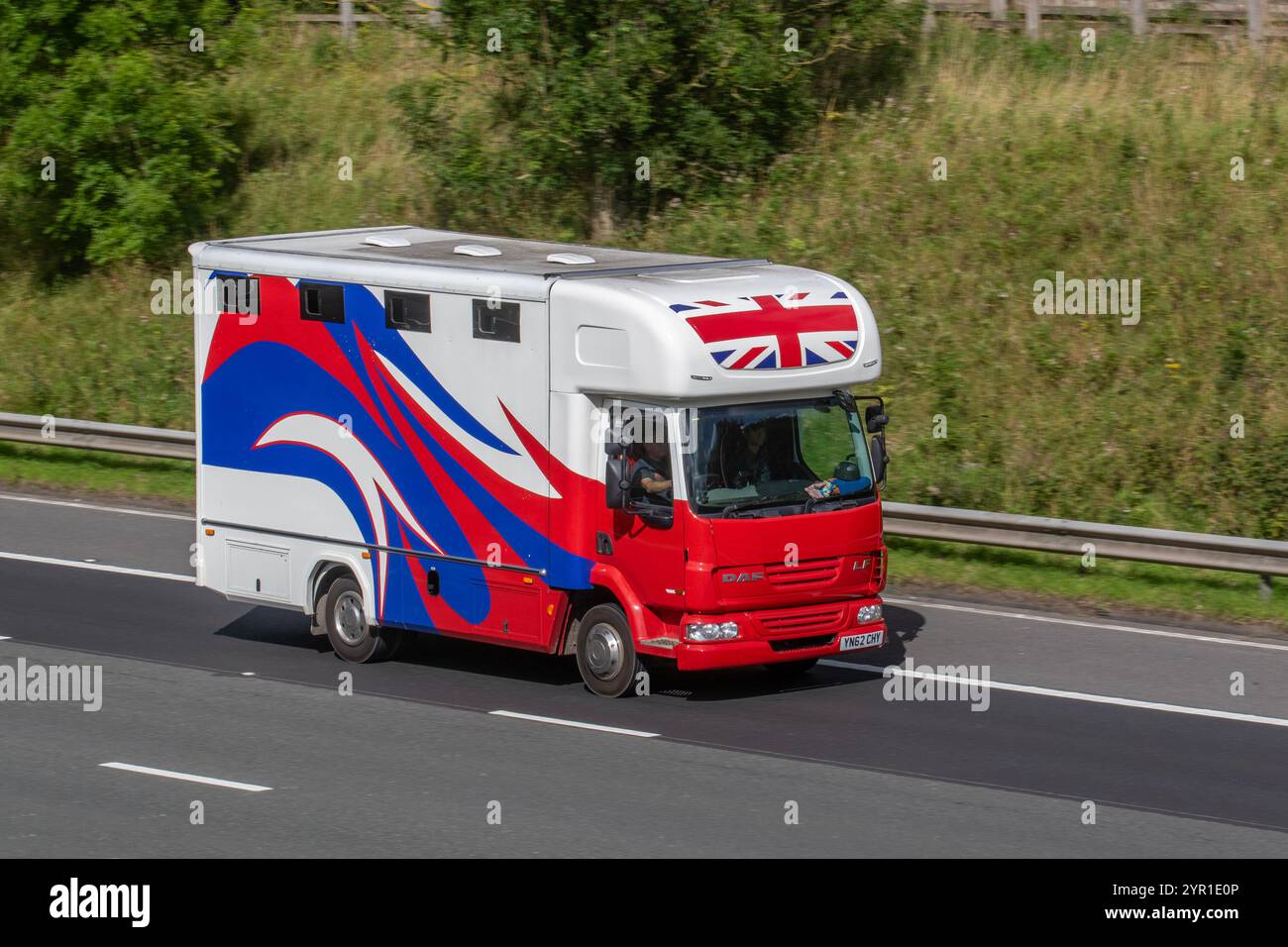 Union Hack, red white blue, DAF LF horsebox; travelling on the M6 ...