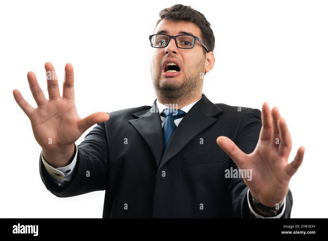 Scared adult businessman wearing corporate suit yelling screaming ...