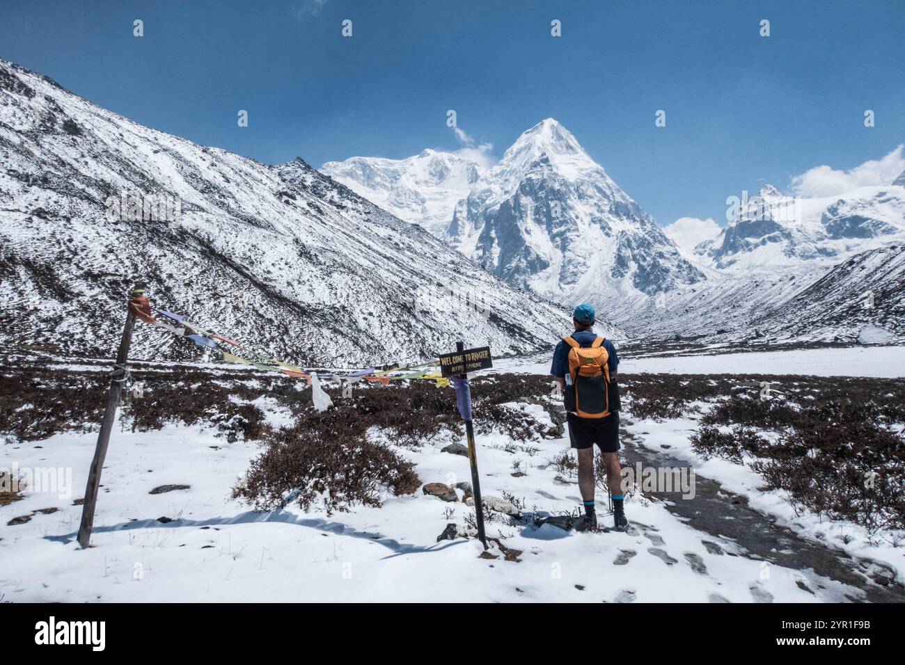 View of Ratong (Rathong), Kabru, and Talung peaks heading to south base ...