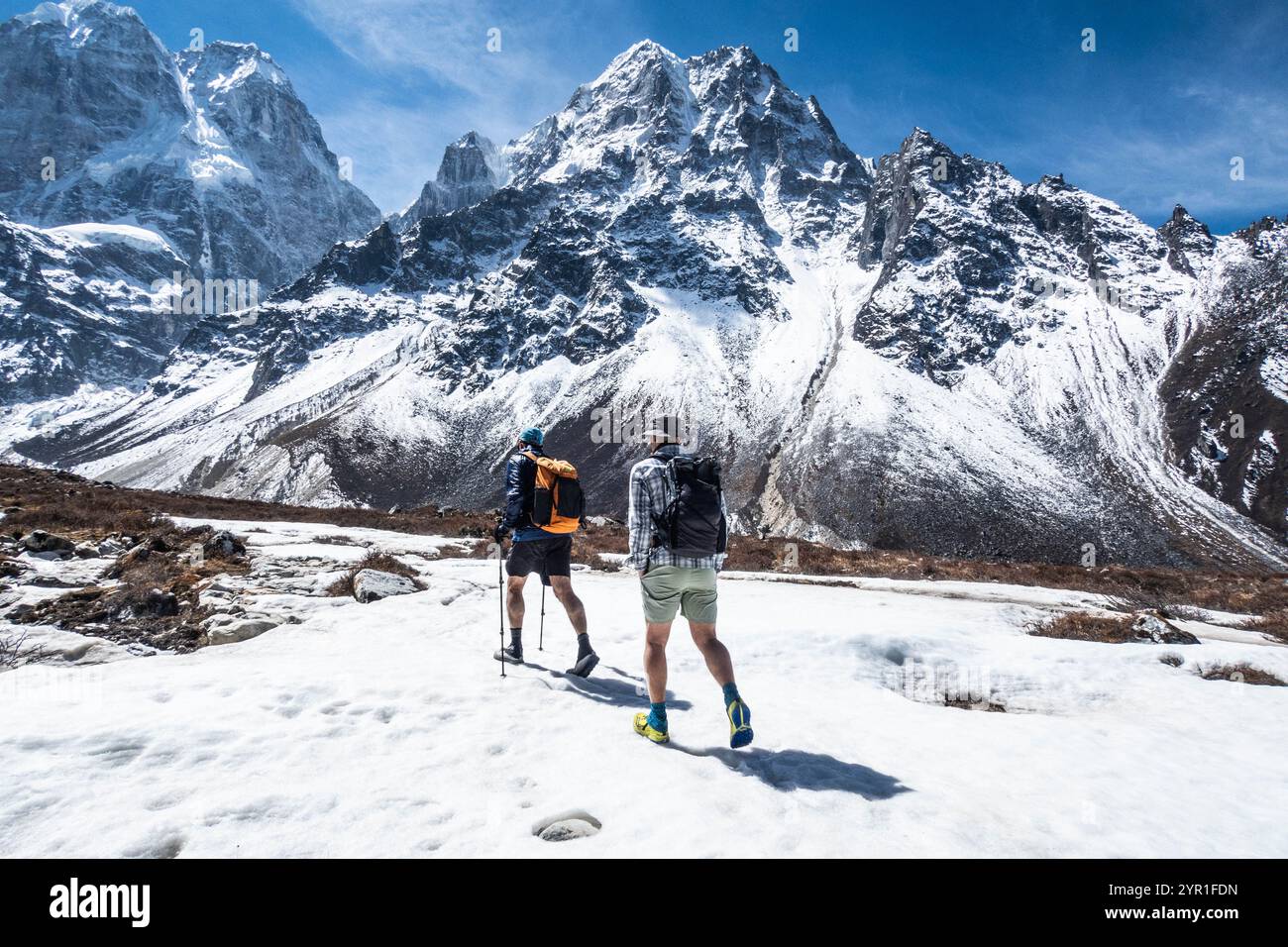 View of Ratong (Rathong), Kabru, and Talung peaks heading to south base ...