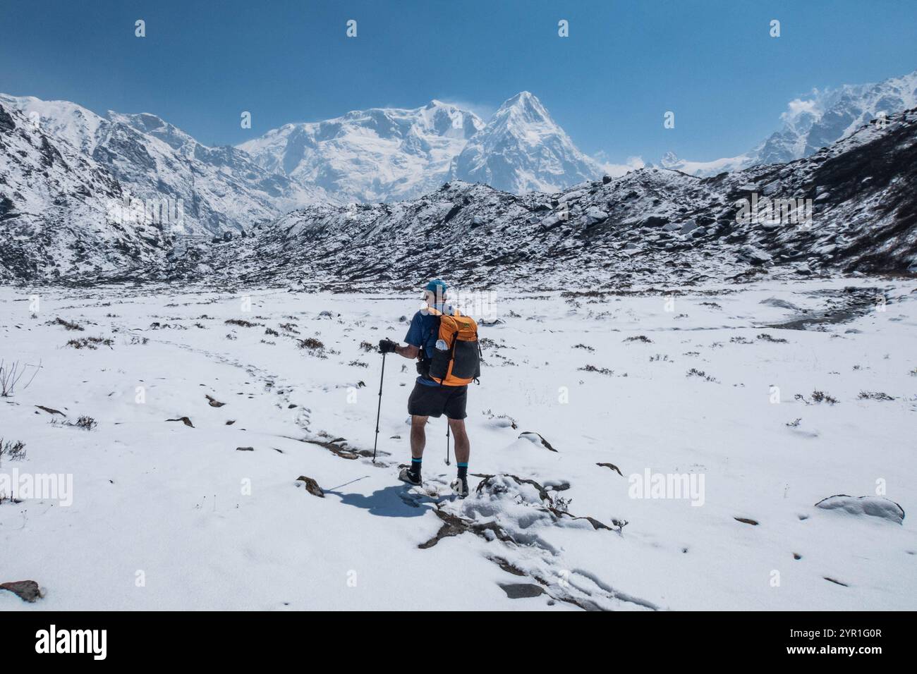 View of Ratong (Rathong), Kabru, and Talung peaks heading to south base ...