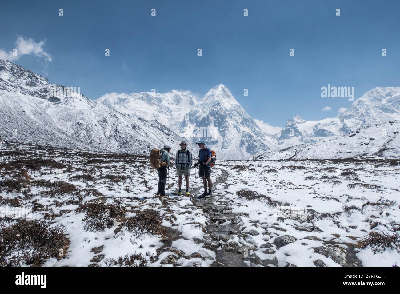 View of Ratong (Rathong), Kabru, and Talung peaks heading to south base ...