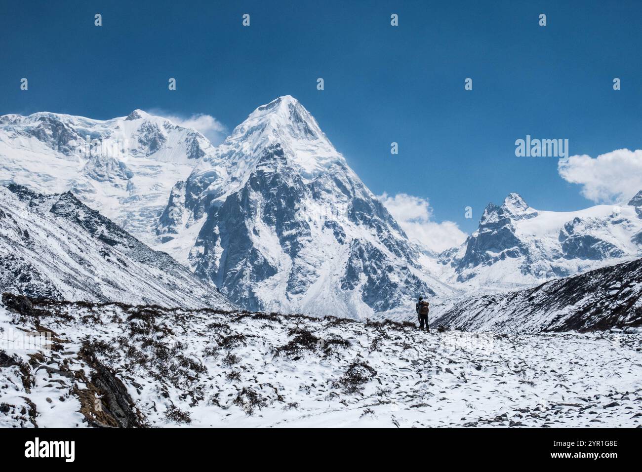 View of Ratong (Rathong), Kabru, and Talung peaks heading to south base ...