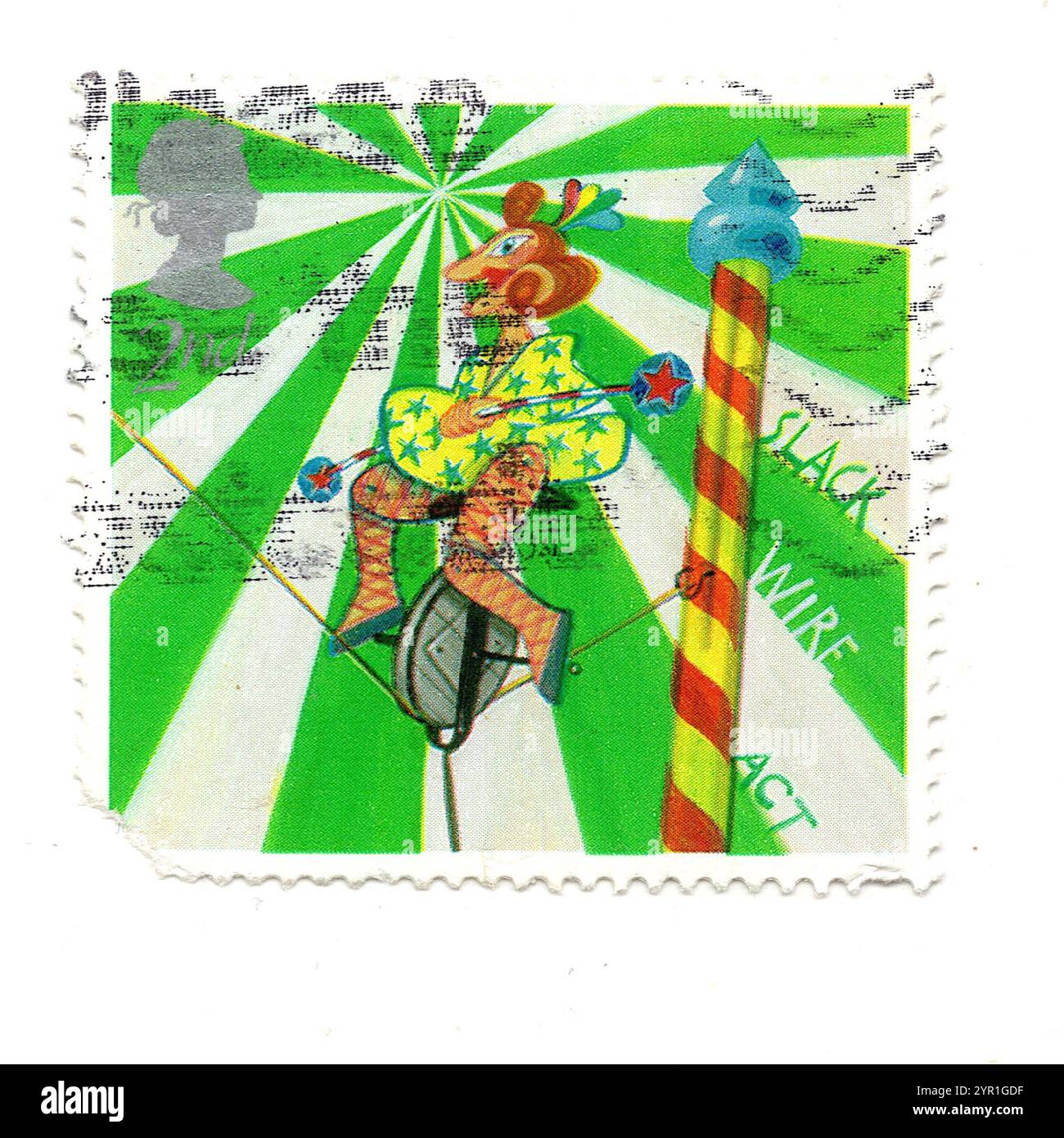 A vintage postage stamp from Great Britain featuring a Slack Wire Act ...