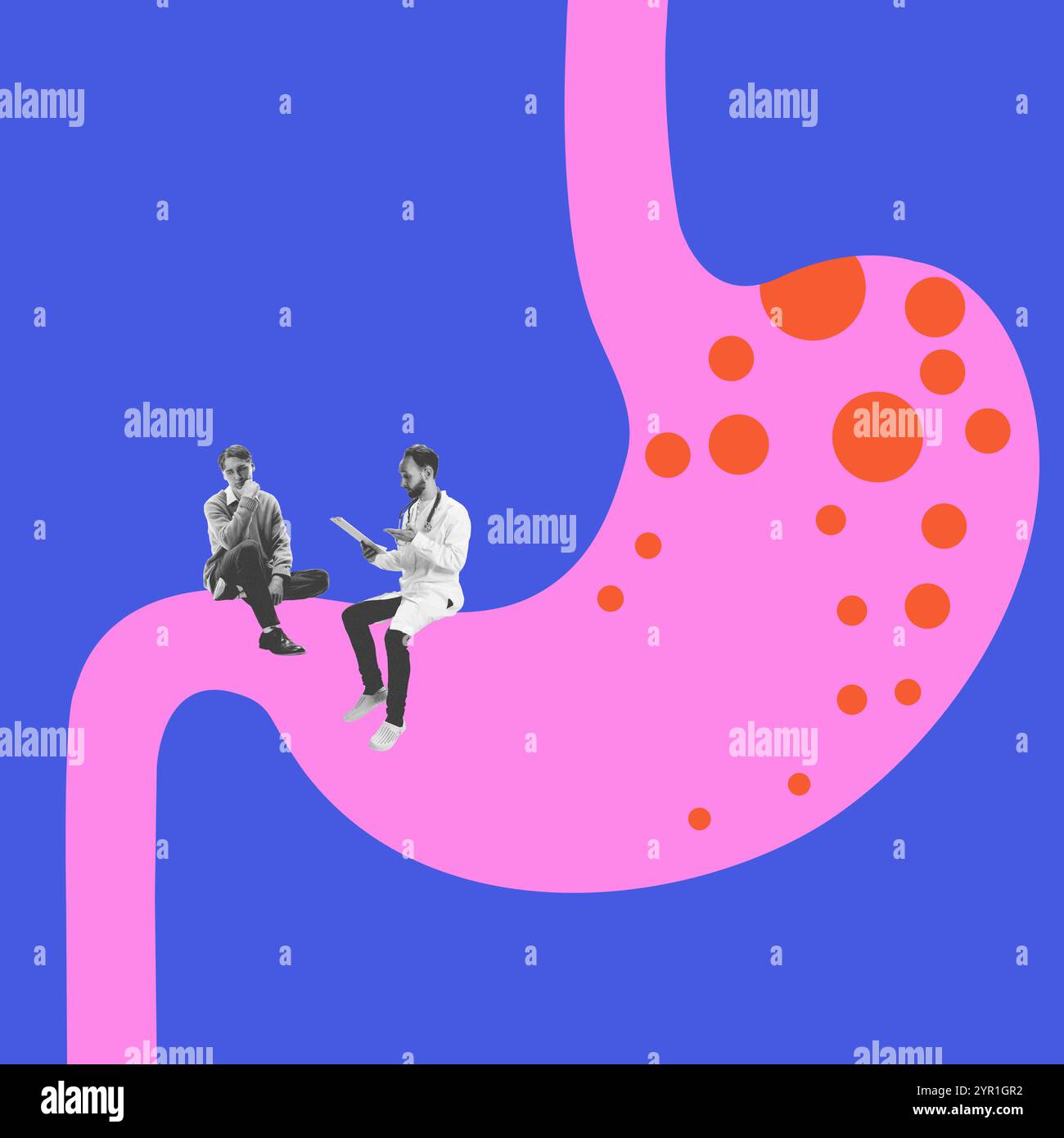 Contemporary art collage. Doctor and patient sitting on pink stomach ...
