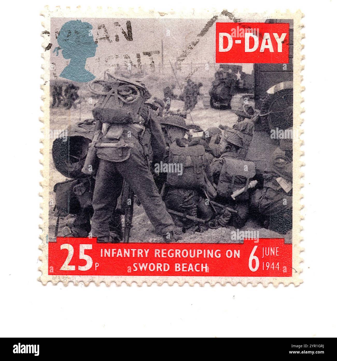 A vintage postage stamp from Great Britain featuring the events of D ...