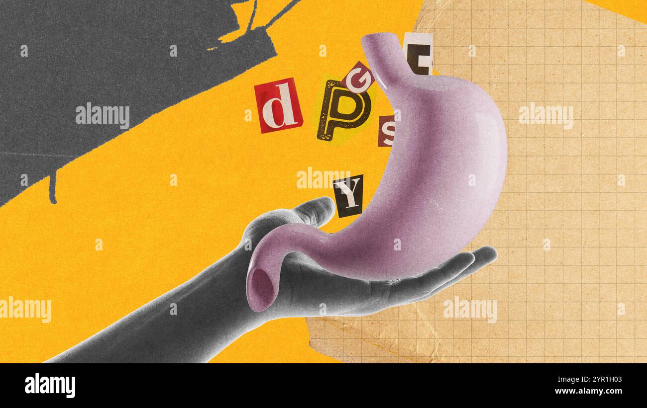 Contemporary art collage. Hand presenting 3D stomach filled with ...