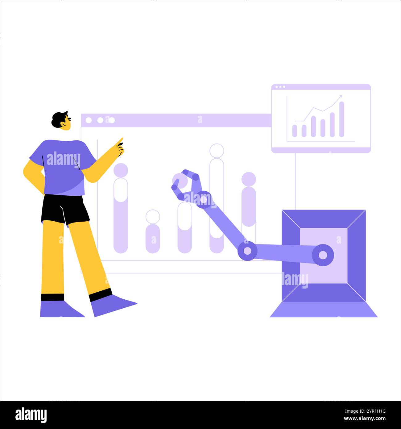 Man Analyzing Data With Robotic Arm In Flat Vector Illustration