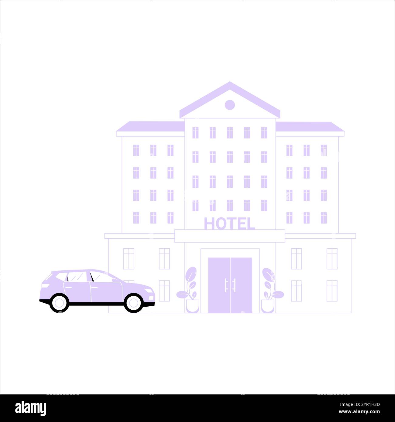 Hotel Building With Parked Car In Flat Vector Illustration Symbolizing ...
