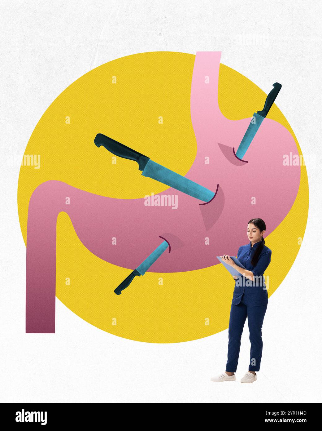 Contemporary art collage. Stomach with knives stabbed into it, observed ...
