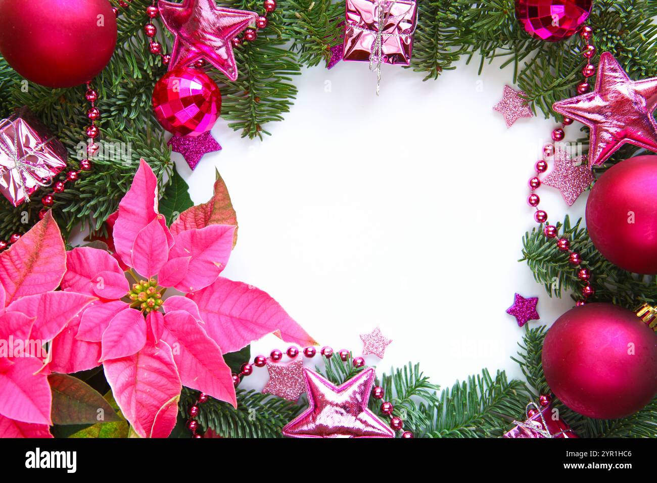 Festive Christmas arrangement featuring pink poinsettia, fir branches ...