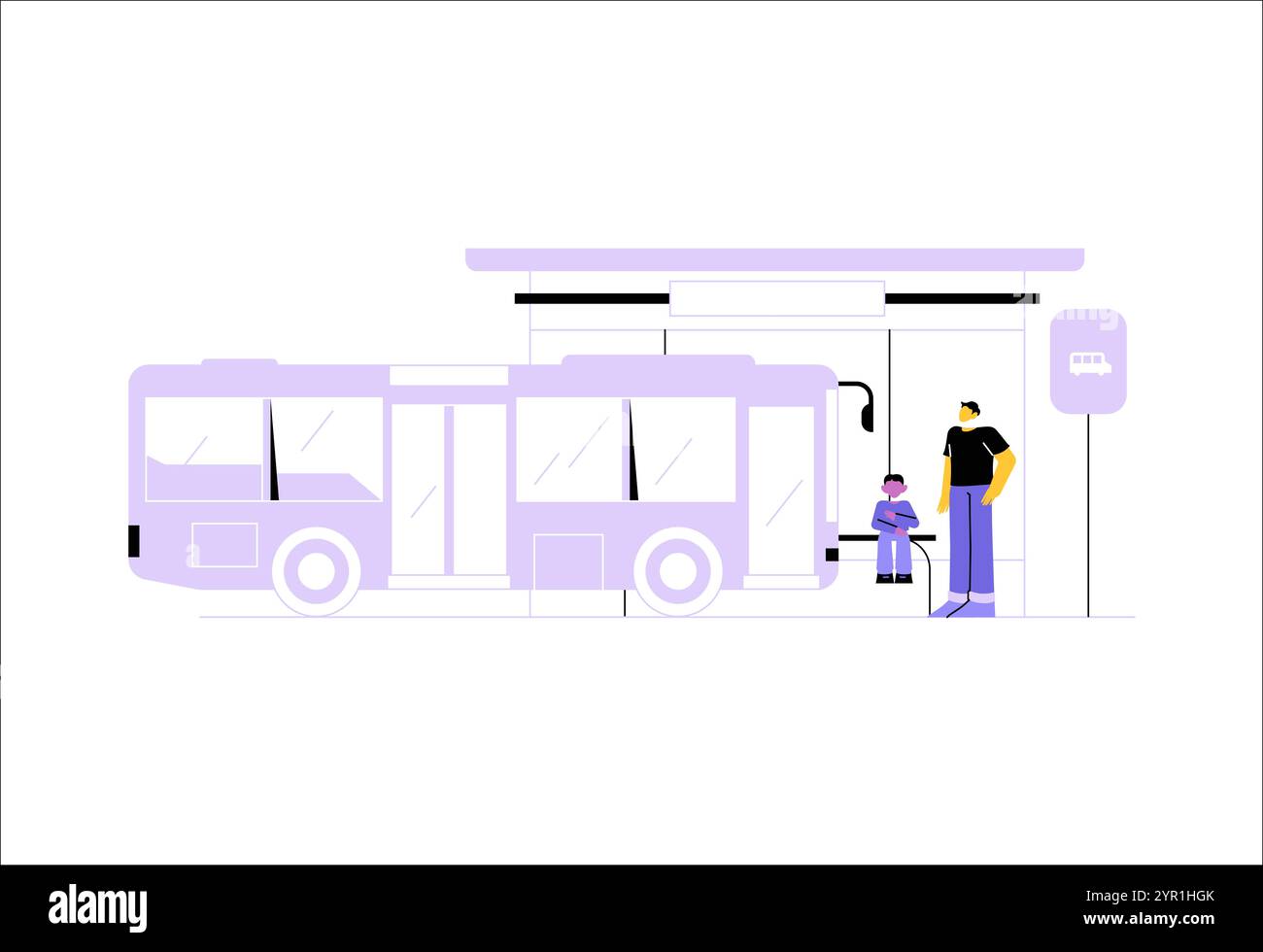 Public Bus At Bus Stop With Two Characters In Flat Vector Illustration ...