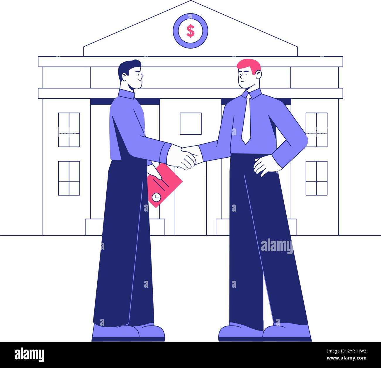 Two Male Professionals Shaking Hands In Front Of Bank Building In Flat Vector Illustration ...