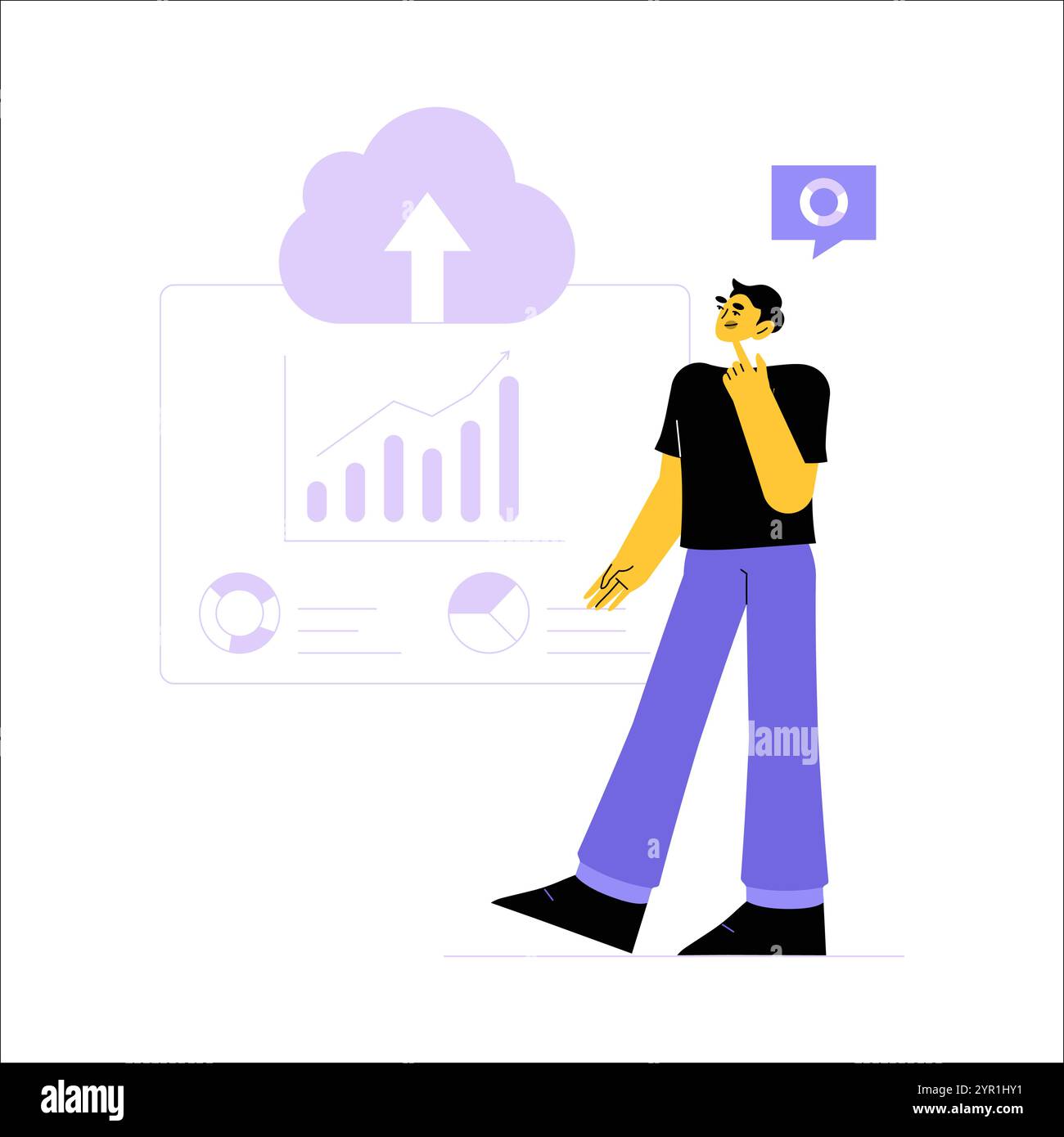 Man Observing Cloud Analytics Dashboard In Flat Vector Illustration