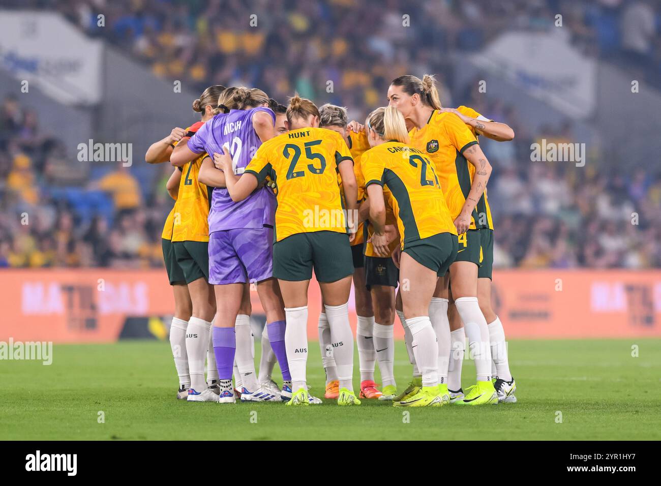 Gold Coast, Australia. 01st Dec, 2024. Matildas team huddle during a friendly match between ...