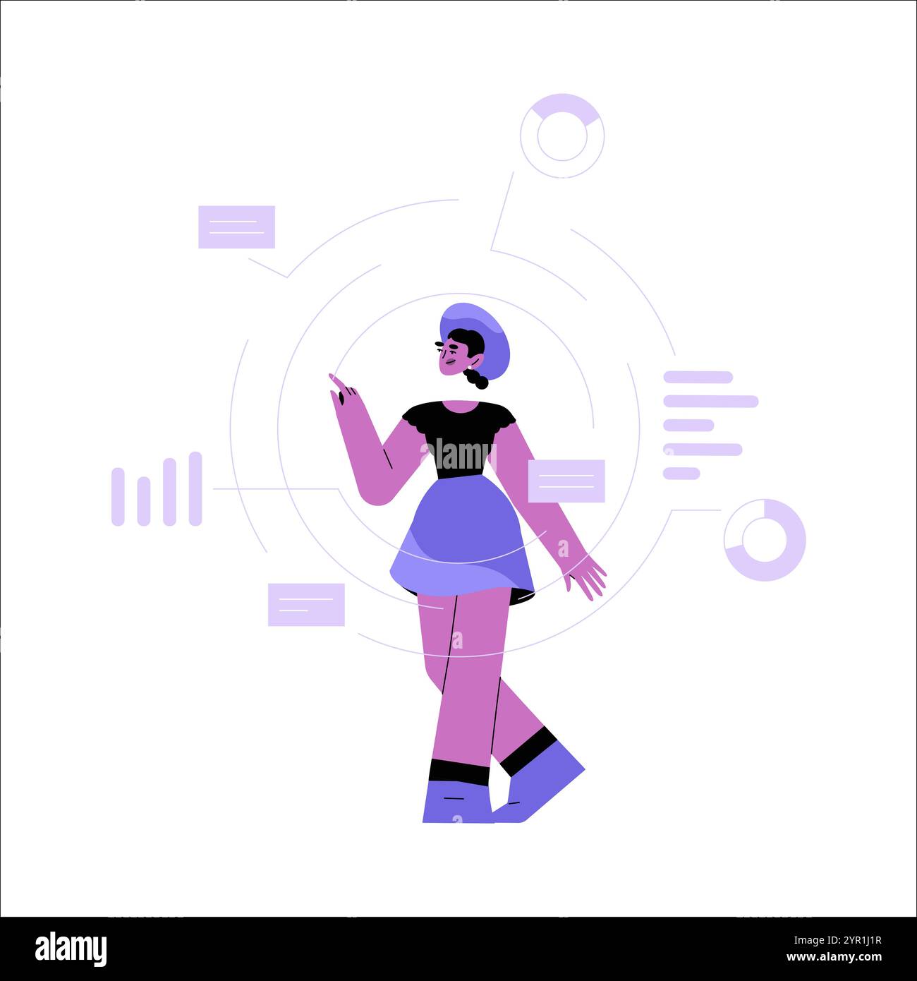 Female Analyst Presenting Data Insights With Infographics In Flat Vector Illustration