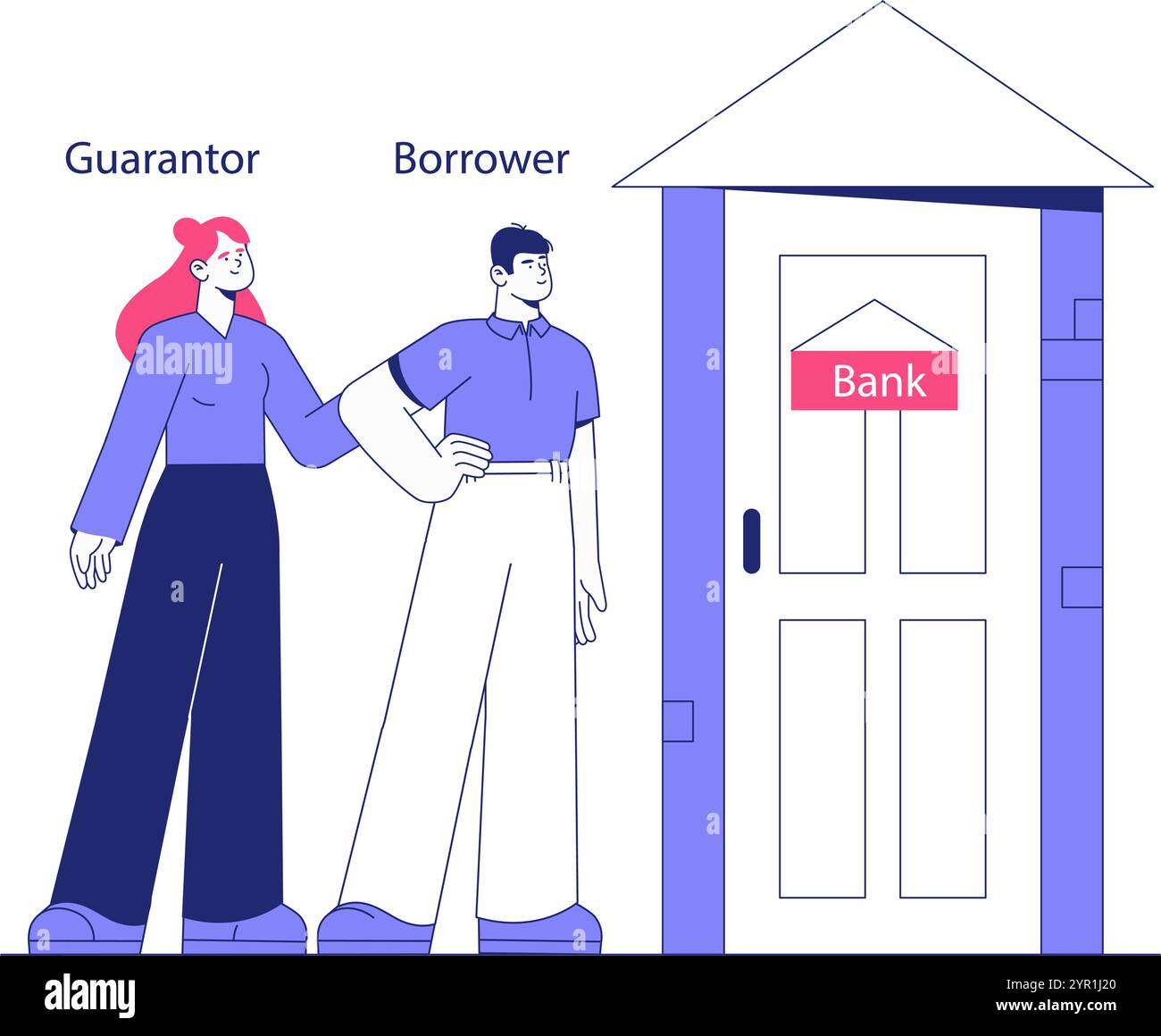 Guarantor And Borrower Standing In Front Of Bank In Flat Vector ...