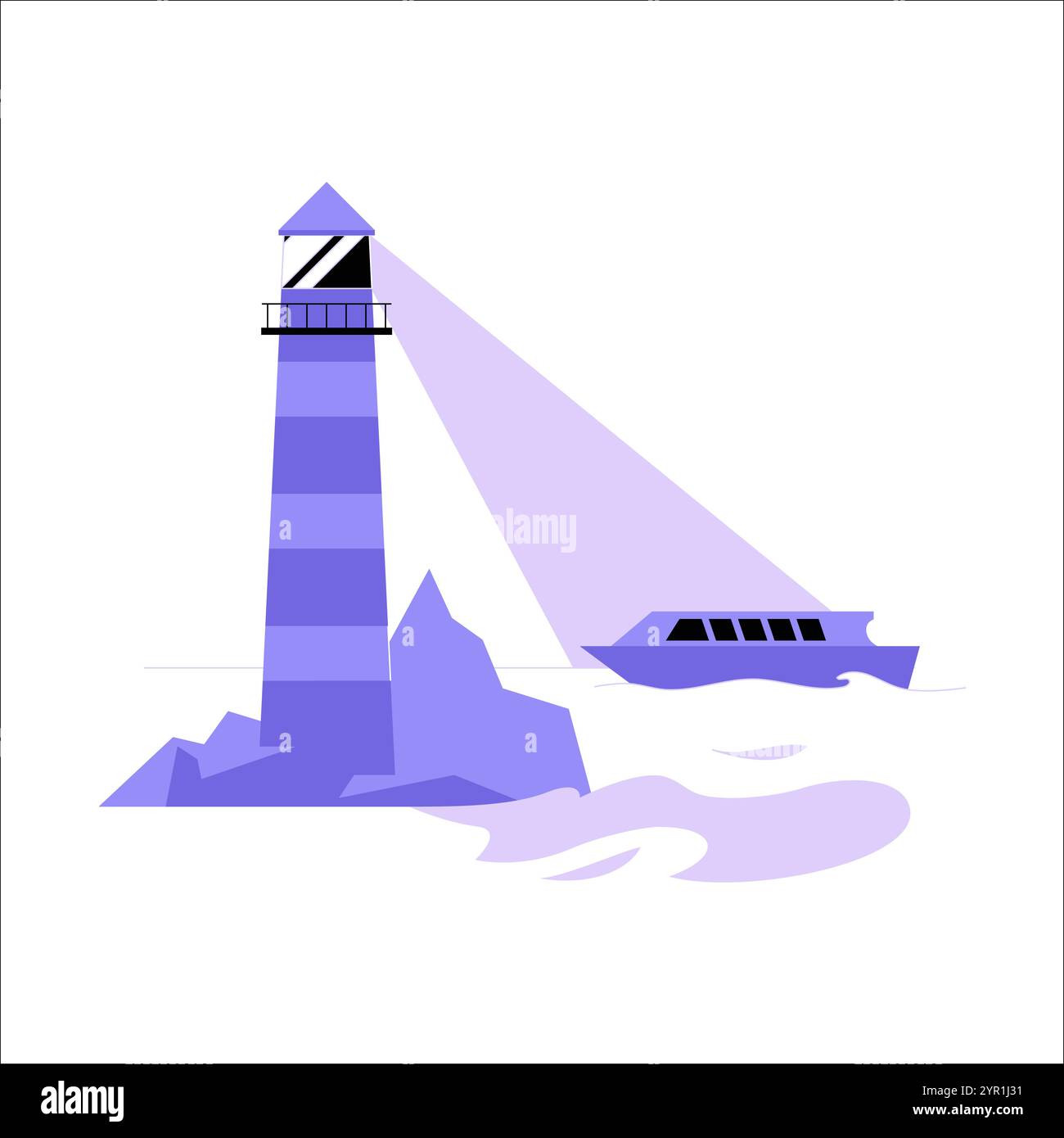 Lighthouse With Light Beam And Boat In Flat Vector Illustration Symbolizing Navigation Guidance