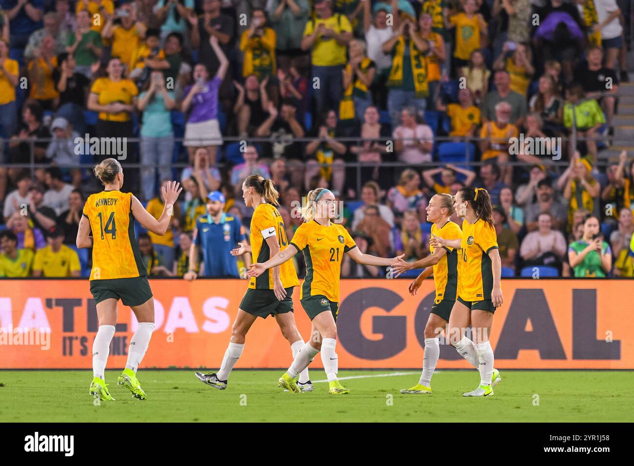 Gold Coast, Australia. 01st Dec, 2024. Matildas celebrate a goal during ...