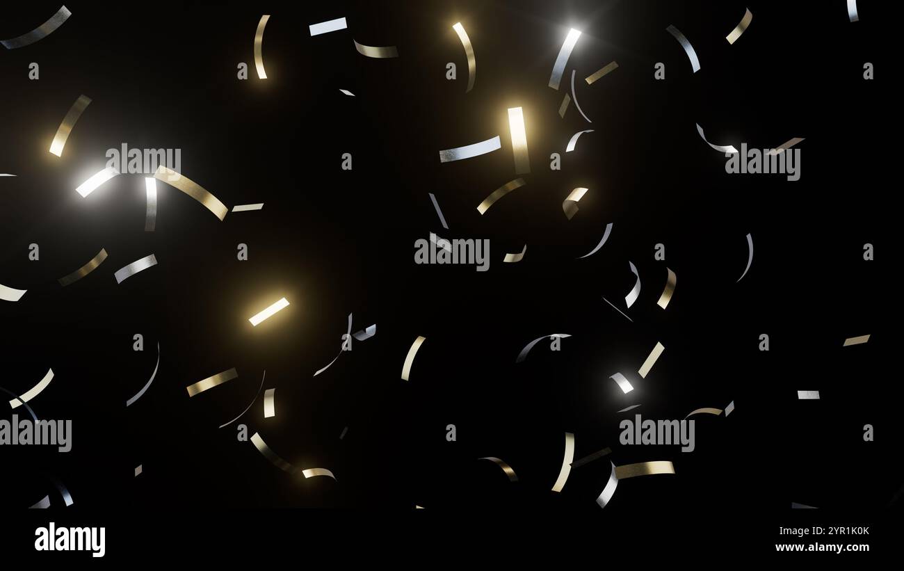 3D illustration of golden glowing confetti party popper falling Stock ...