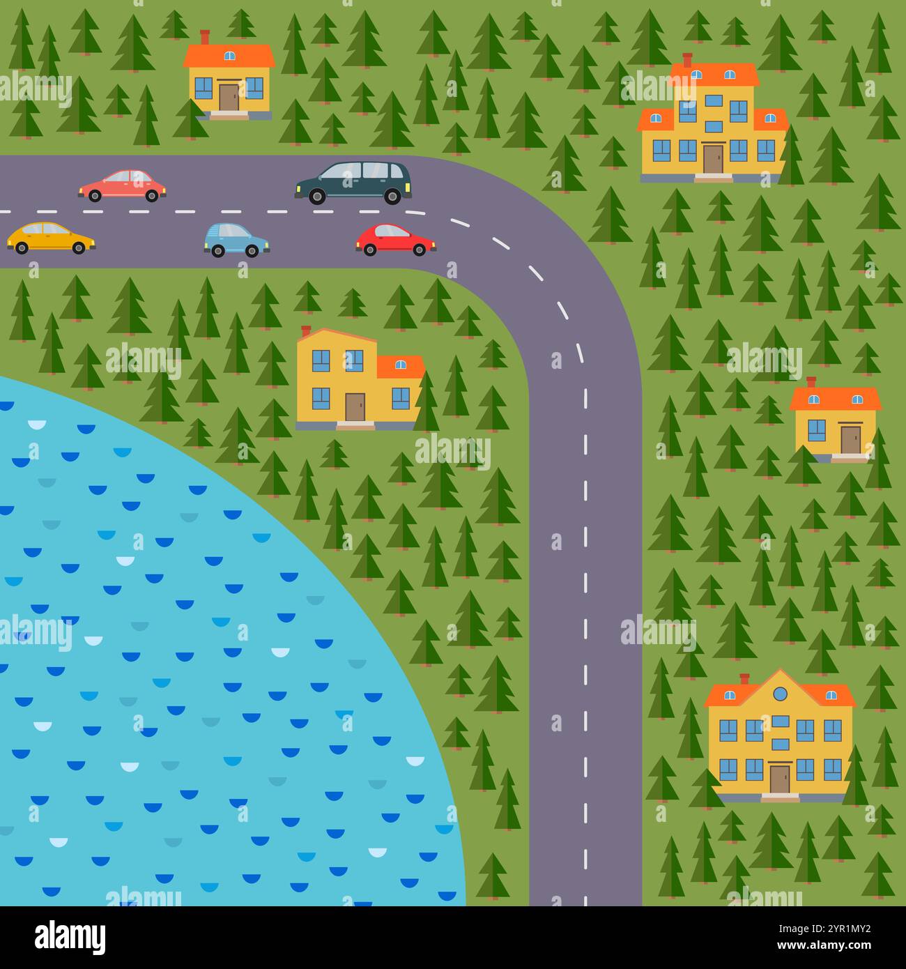 Plan of village. Landscape with the road, coniferous forest, lake, cars ...