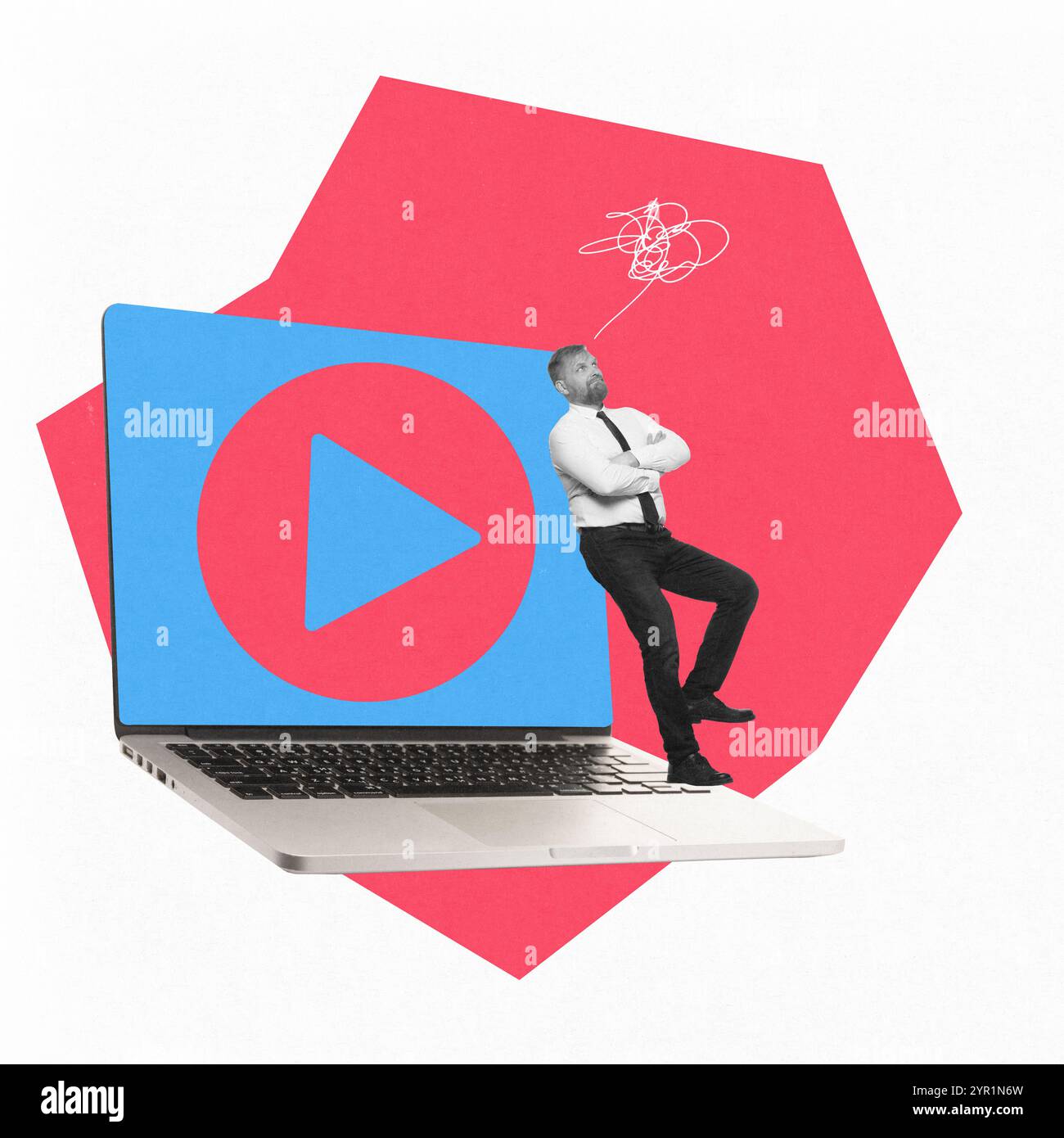 Contemporary art collage. Businessman standing by laptop with play ...