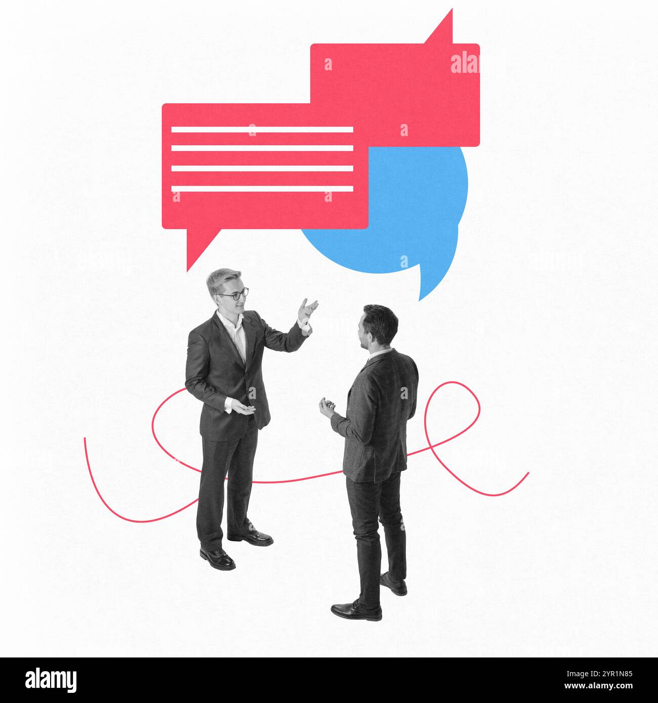 Contemporary art collage. Two businessmen engaged in conversation with ...