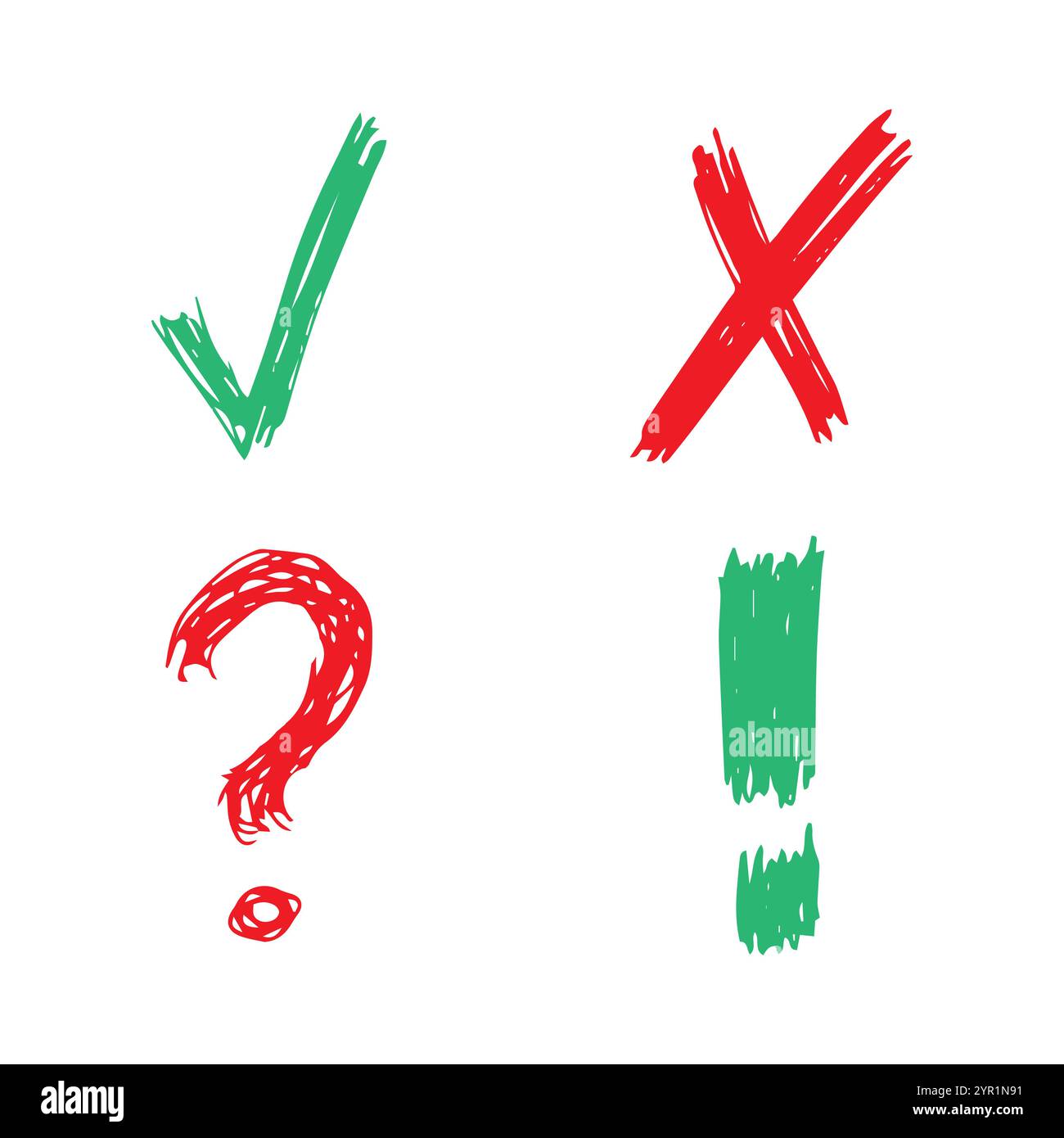 Hand drawn check, cross, question mark and exclamation mark symbols ...