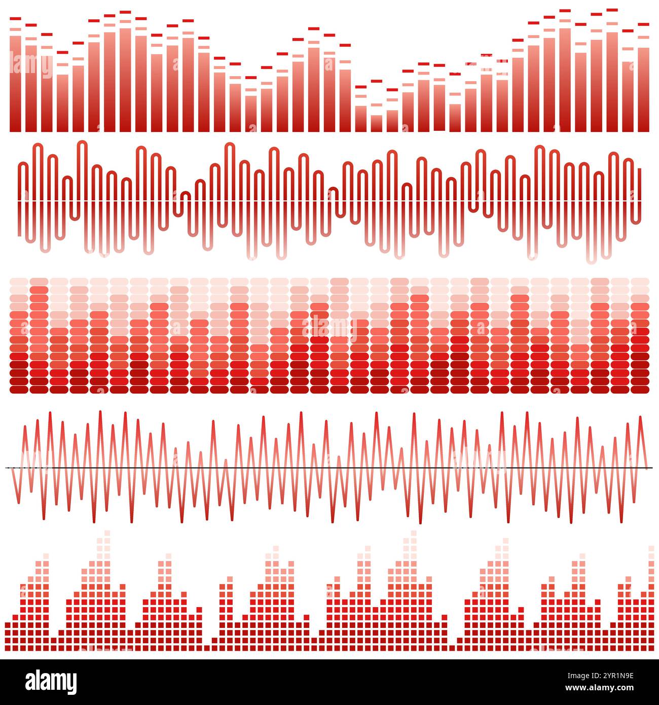 Vector set of red sound waves. Audio equalizer. Sound & audio waves isolated on white background ...