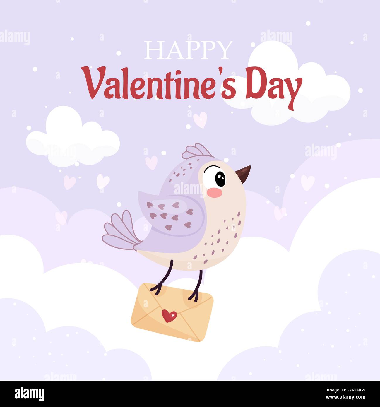 Happy Valentines Day, cute purple bird card with letter, simple flat ...