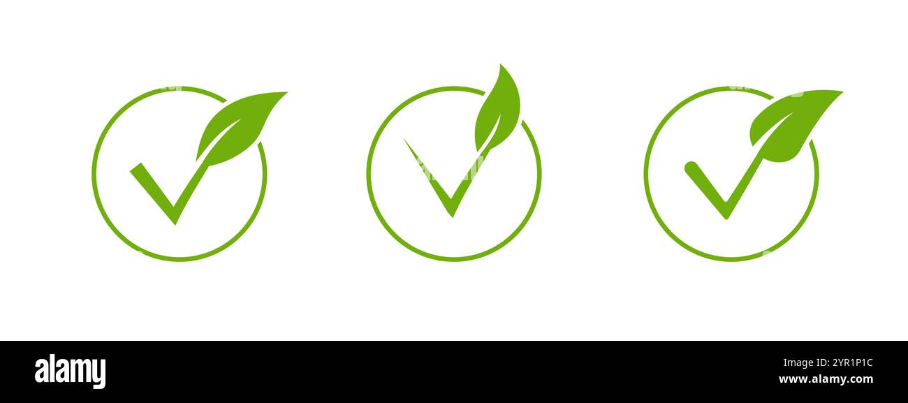 Leaf and check mark icon for sustainability and eco friendly products ...