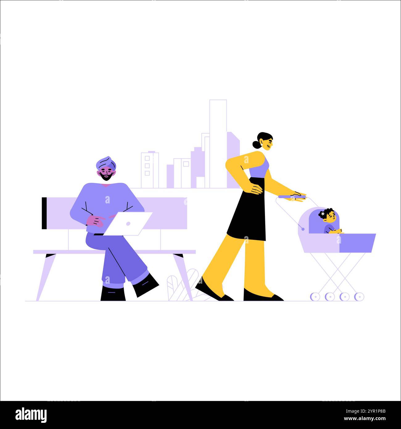 Man On Bench With Laptop And Woman Pushing Baby Stroller In Flat Vector ...