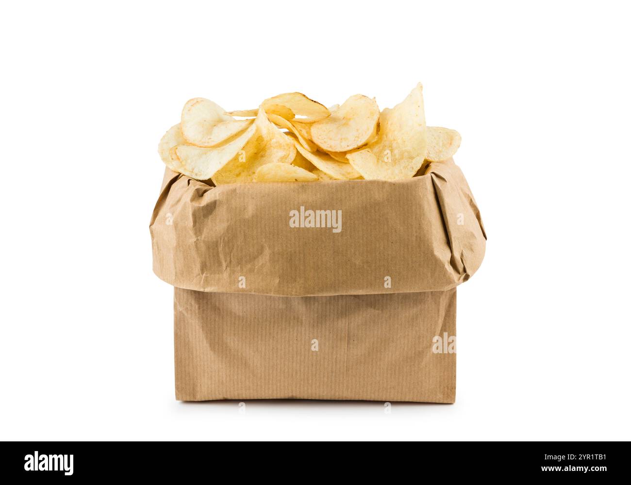Brown paper bag full of potato chips on white background Stock Photo ...